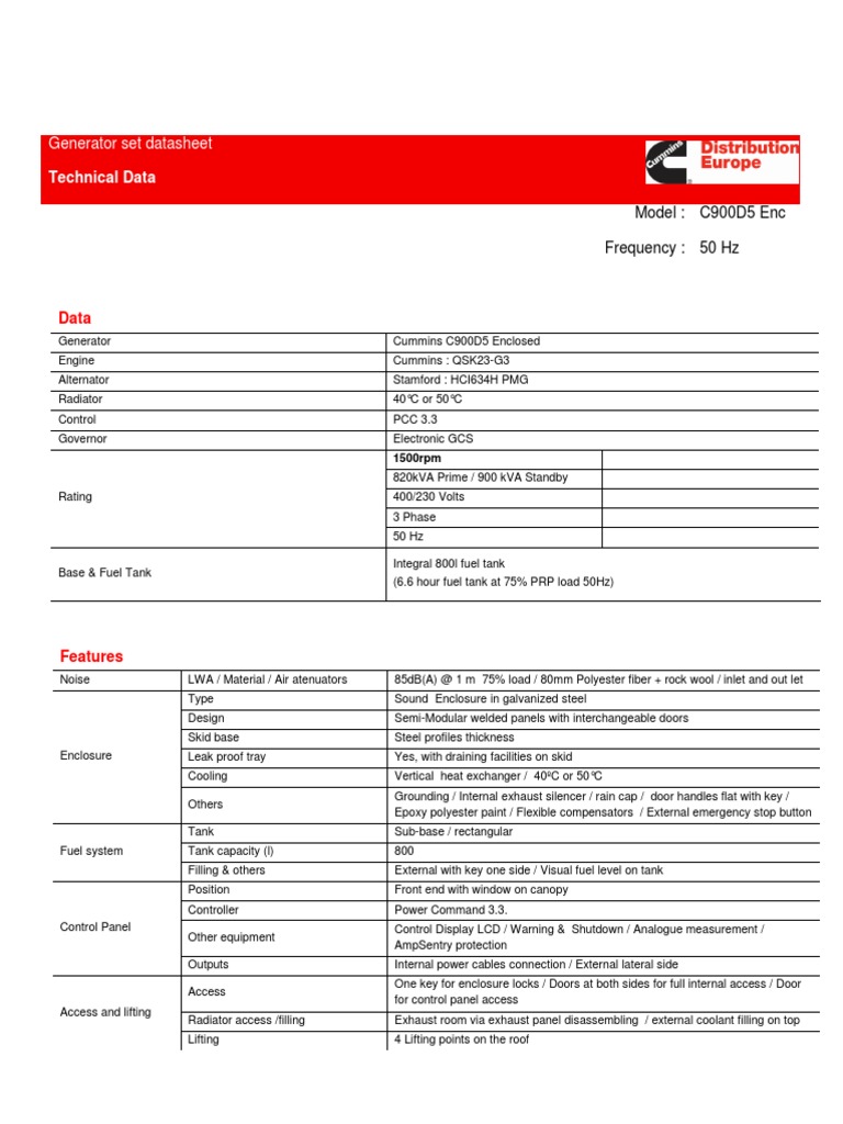 Cummins c900d5 Enclosed Data Sheet | PDF | Manufactured Goods | Electrical Engineering