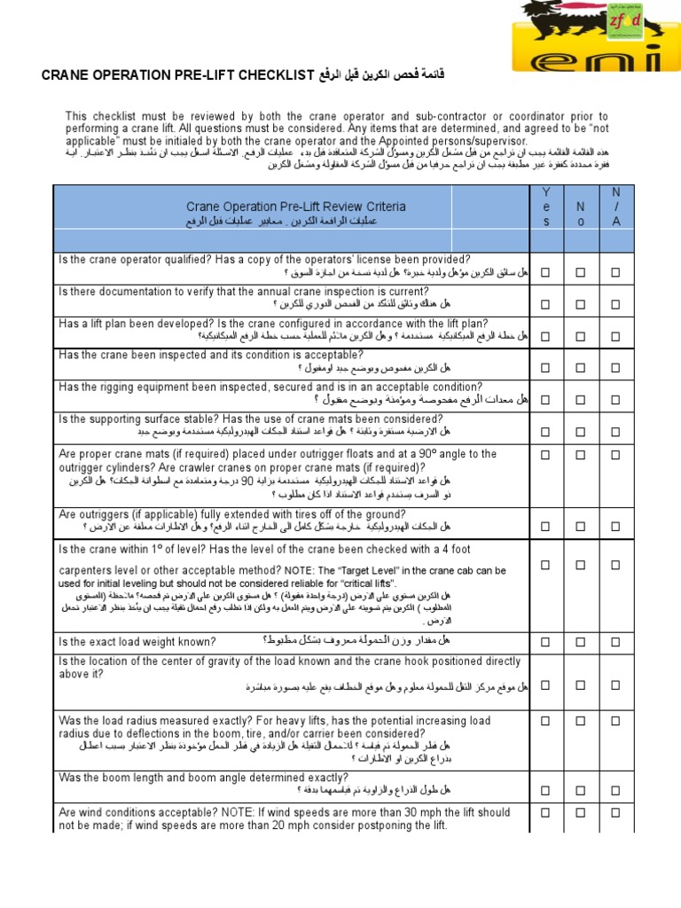 Crane Operation Pre-Lift Checklist ENI | PDF