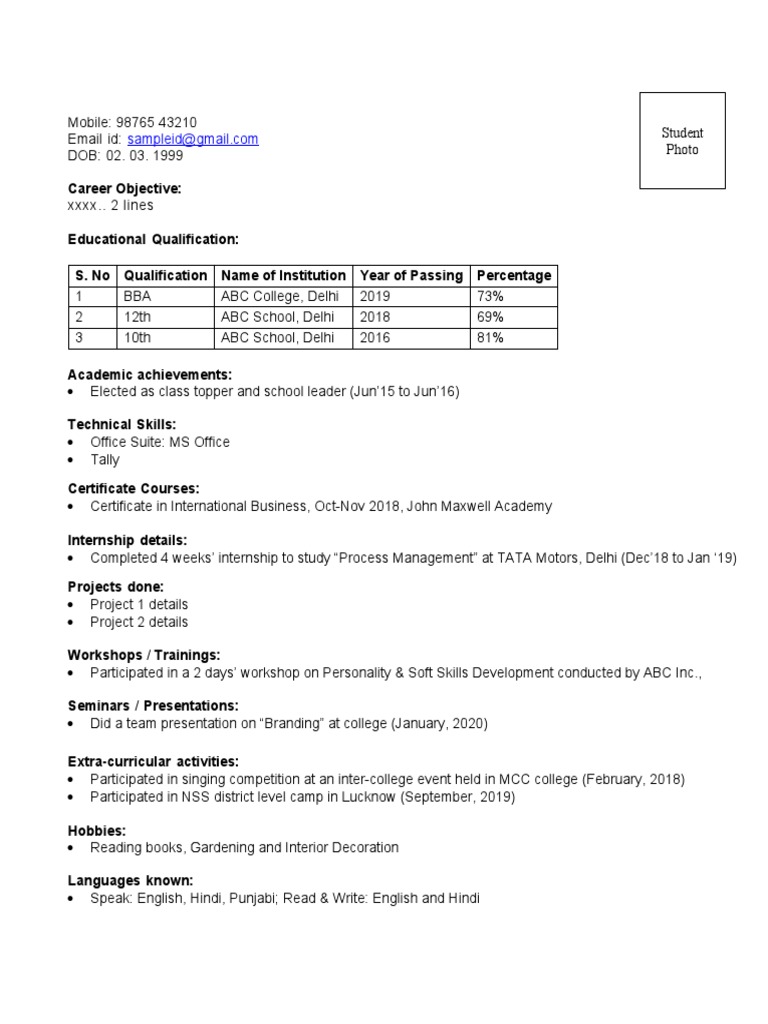Sample Student Resume - DSEU | PDF
