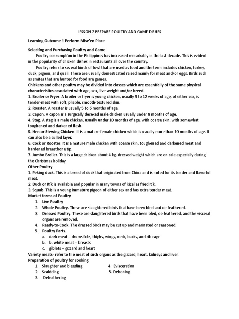 Lesson 2 Prepare Poultry and Game Dishes | PDF