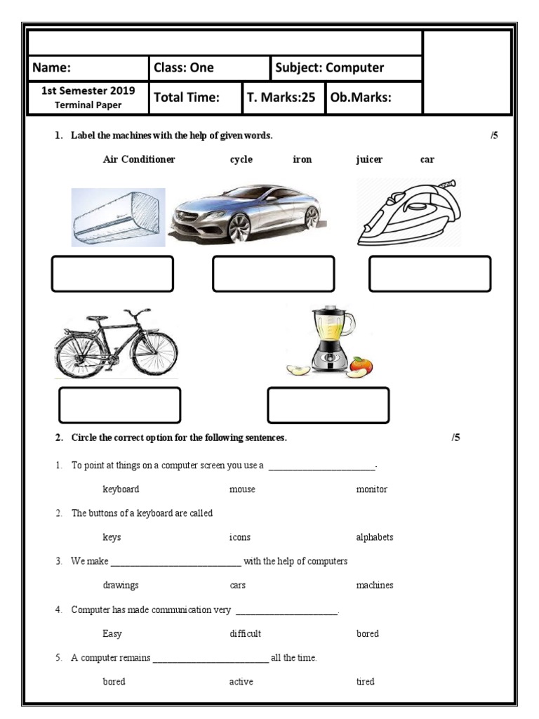 1st Term Test Computer Science Grade 1 | PDF