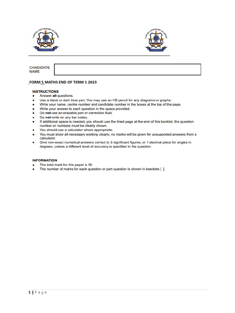 Form 5 Maths End of Term Exam 2023 | PDF