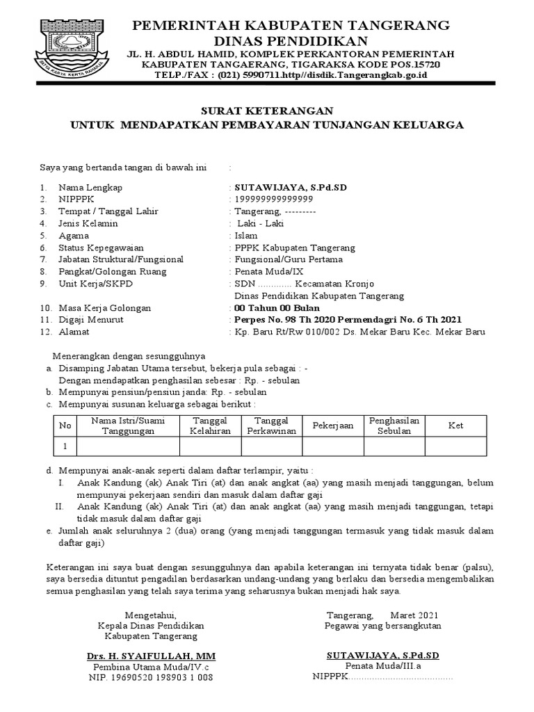 Surat Tunjangan Keluarga PPPK Tangerang | PDF