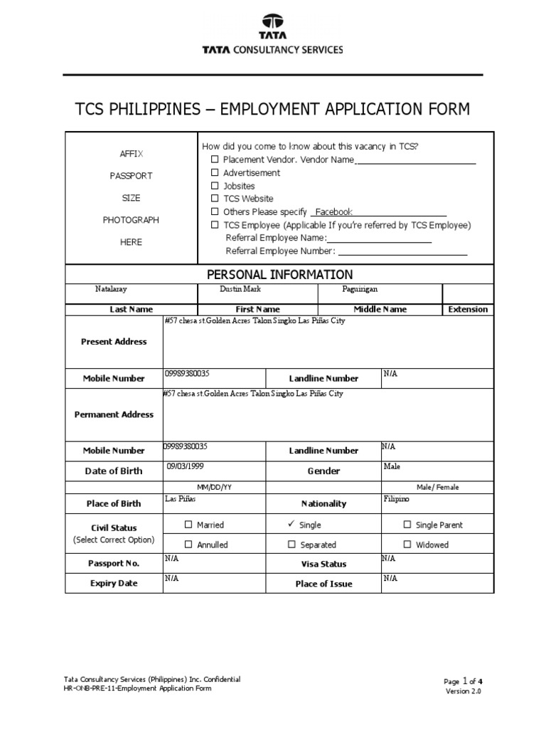 TCS Philippines Employment Application Form | PDF
