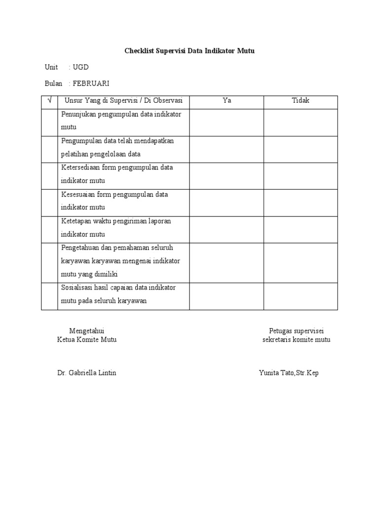 Checklist Supervisi Data Indikator Mutu | PDF