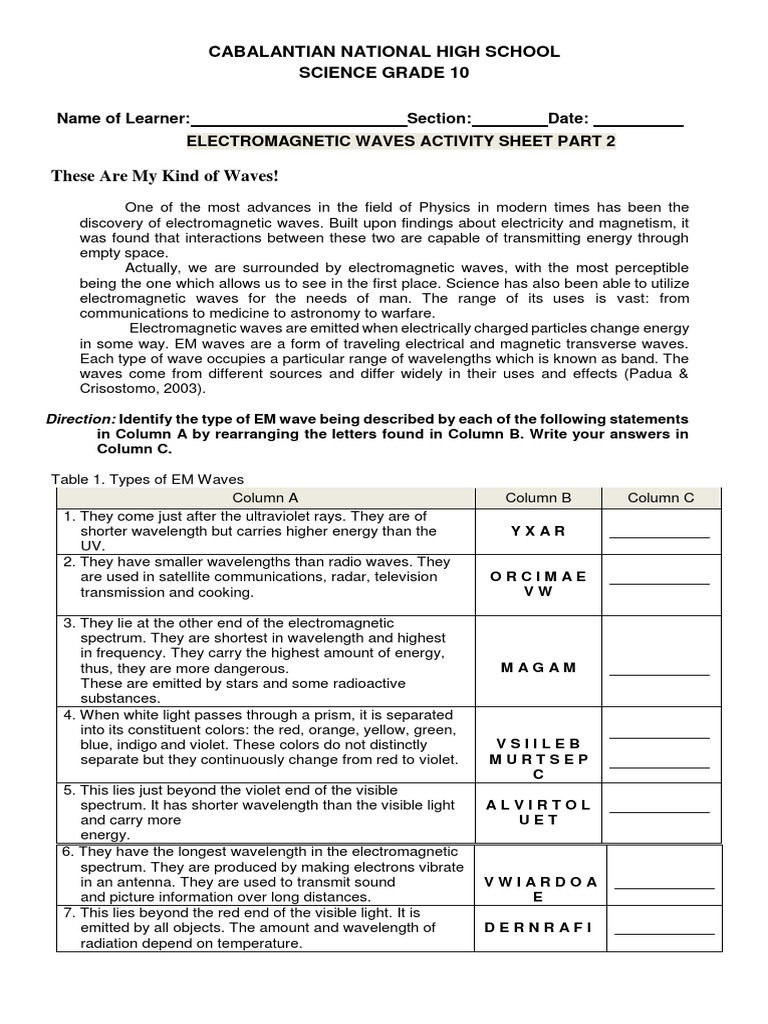 Em Waves Part 2 Activity Sheet | PDF | Electromagnetic Radiation ...