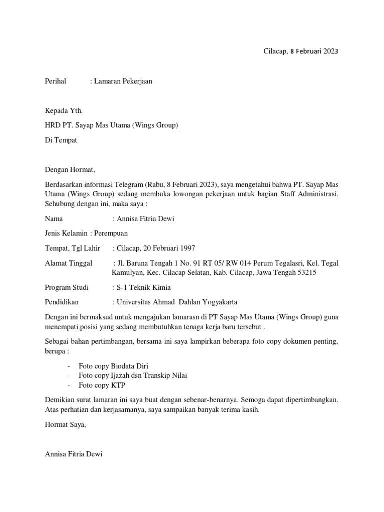 Surat Lamaran-Annisa Fitria Dewi | PDF