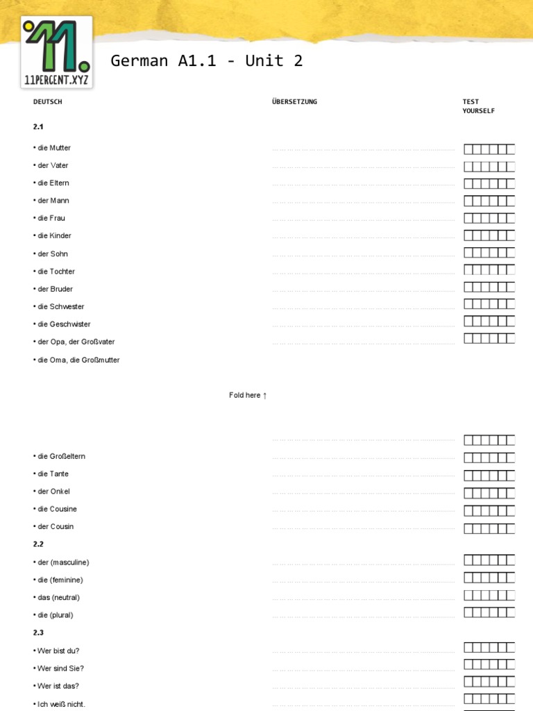 German A1.1 Vocabulary Sheet Unit 2 | PDF