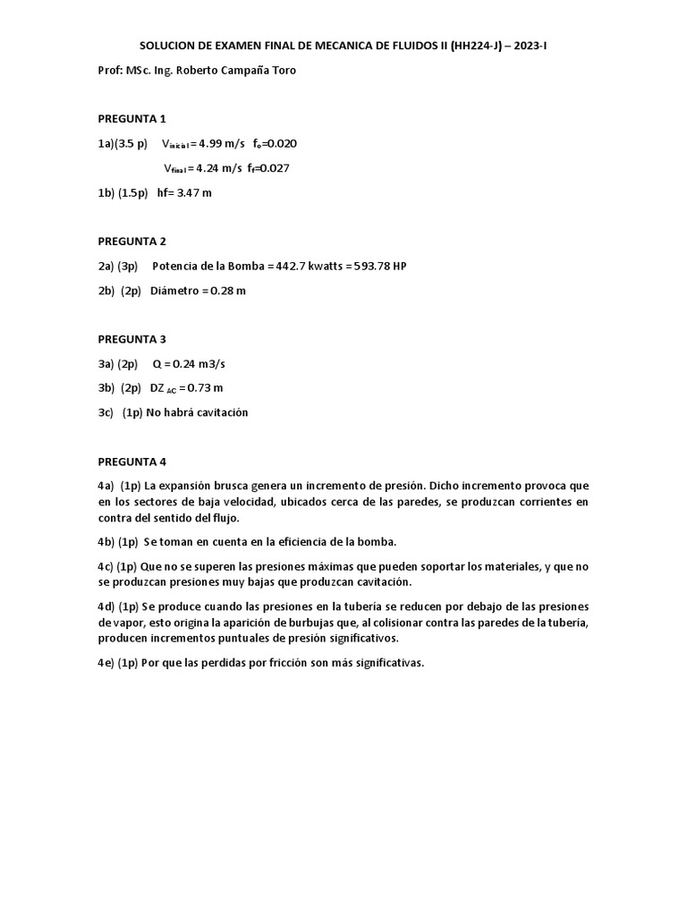 Solucion de Examen Parcial de Mecanica de Fluidos Ii - 2023 - I | PDF