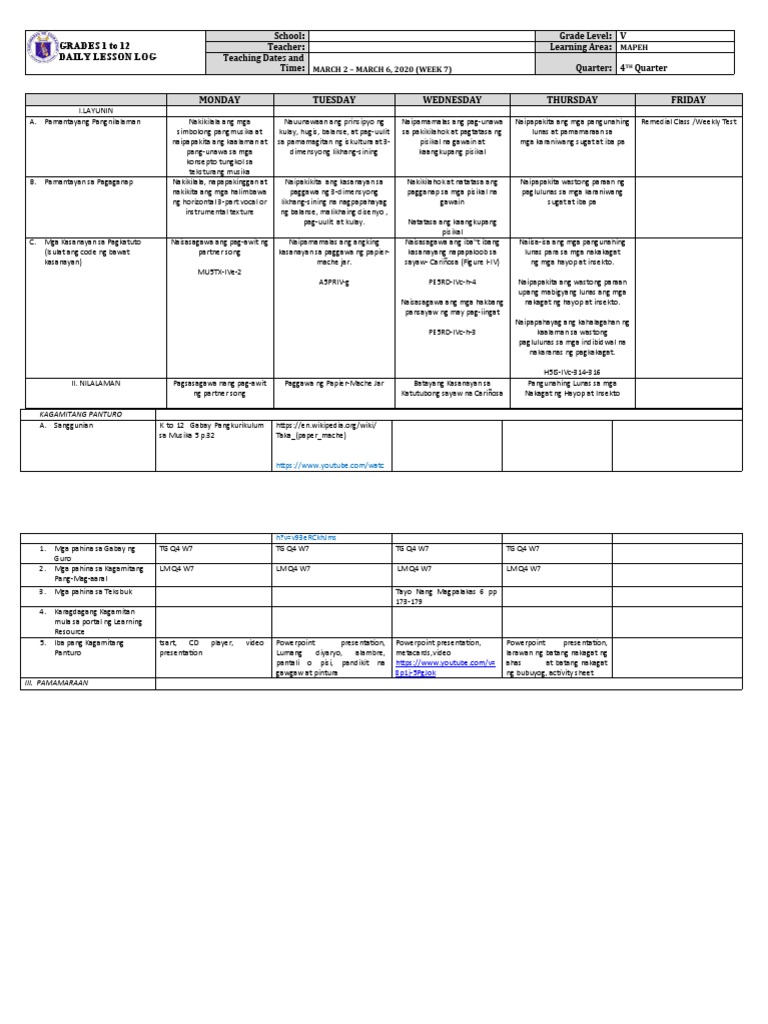 Grade 5 DLL MAPEH 5 Q4 Week 7 | PDF