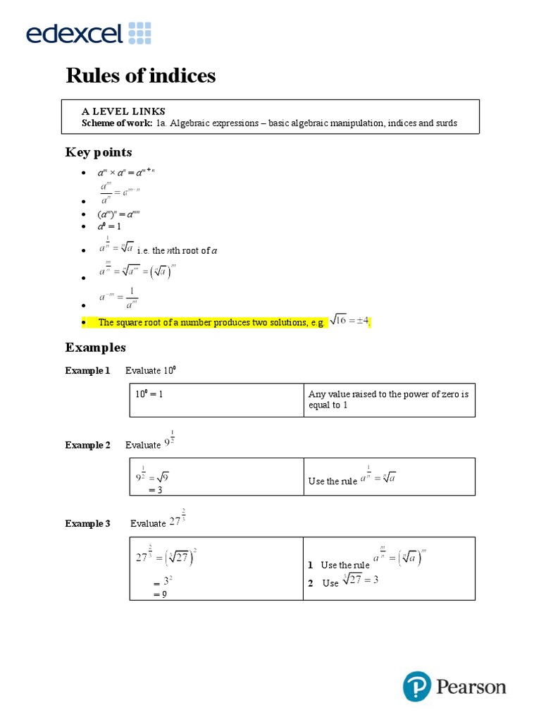 1a 3 Rules Of Indices Pdf Numbers Mathematical Concepts