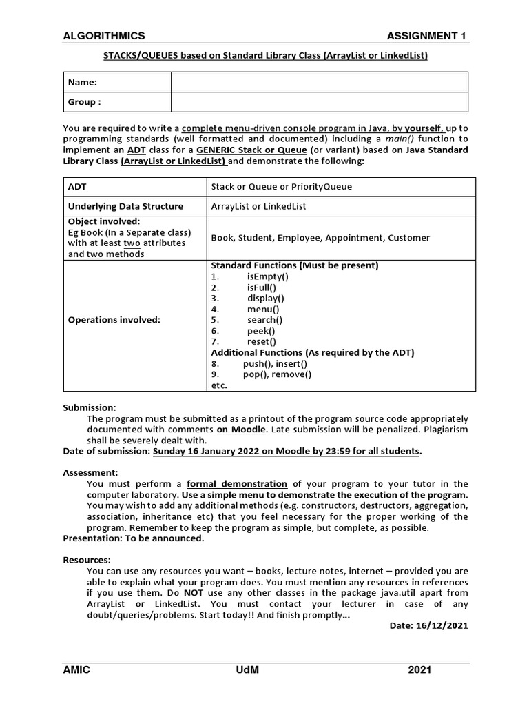 Java Stack/Queue ADT Assignment Guide | PDF | Computer Program ...