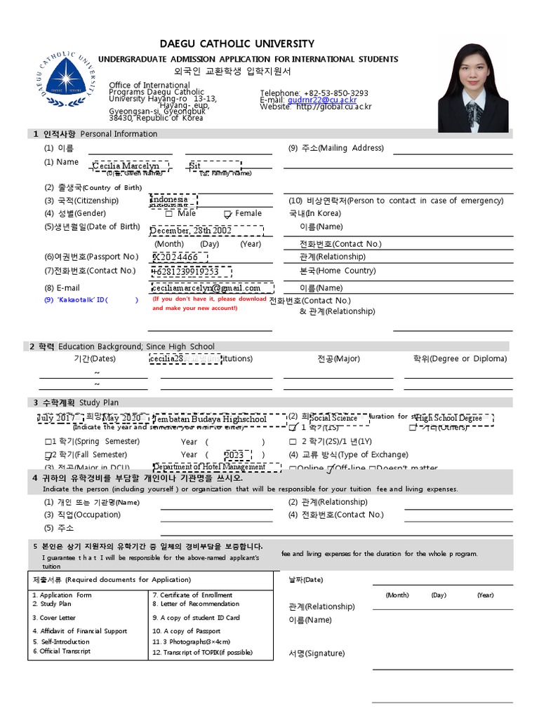 Application Form Cecilia Marcelyn Sit | PDF | Korean Language