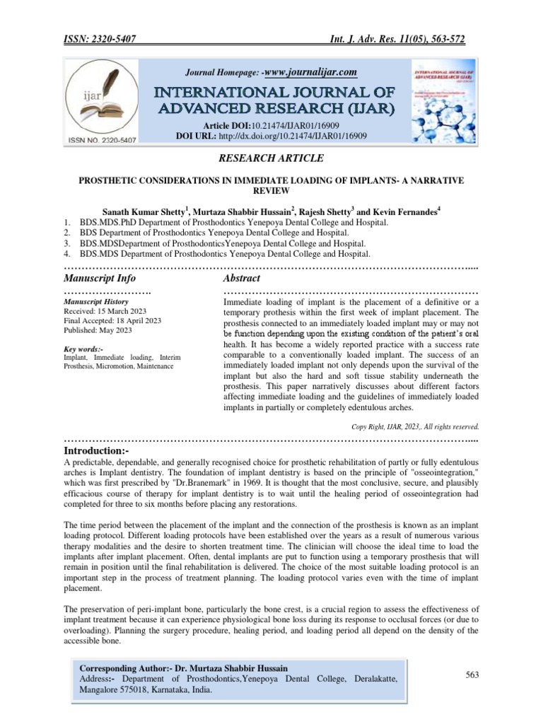 Prosthetic Considerations in Immediate Loading of Implants - A Narrative Review | PDF | Dental ...