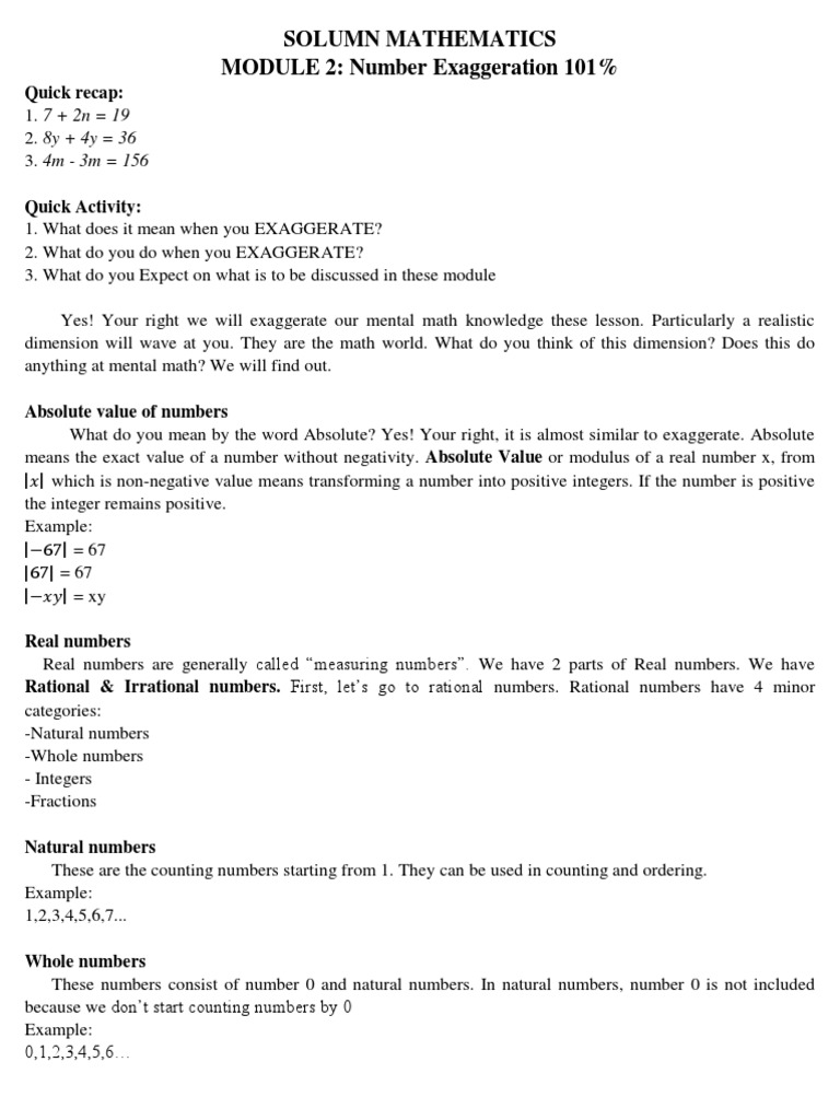Solumn Mathematics Module 2 (Numbers) | PDF | Numbers | Rational Number Solumn Mathematics Module 2 (Numbers) | PDF | Numbers | Rational Number