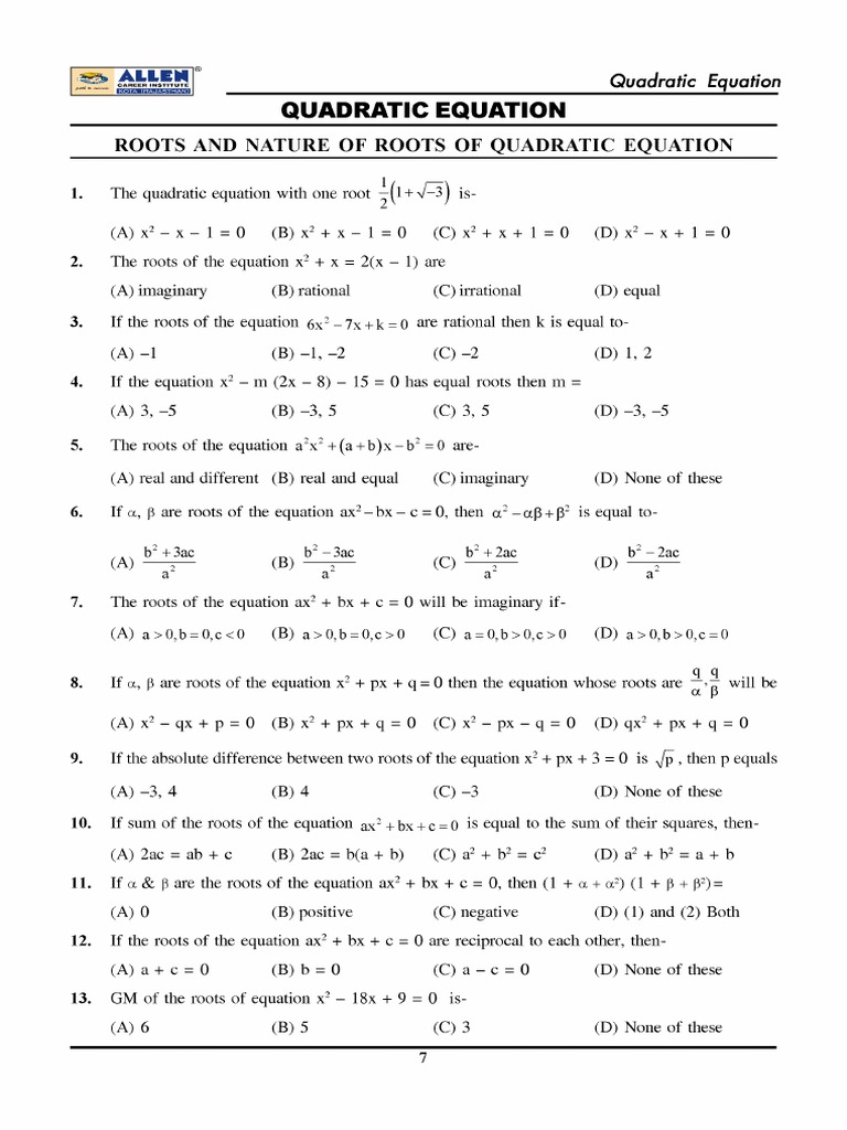 02 - Quadratic Equation Question Bank | PDF