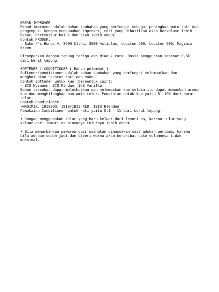 Perbedaan Emulsifier, Bread Improver, Softener | PDF
