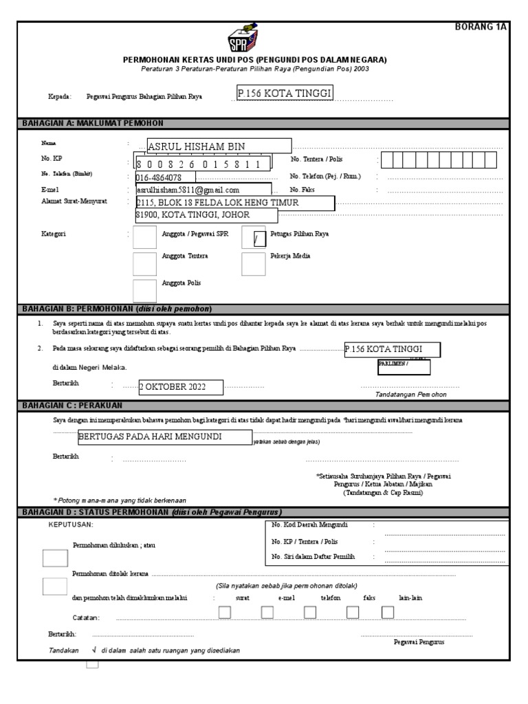 Borang 1a - Undi Pos | PDF