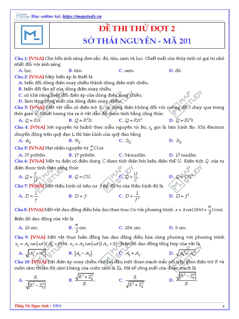 Đề thi thử đợt 2 Sở Thái Nguyên - Mã 201 | PDF