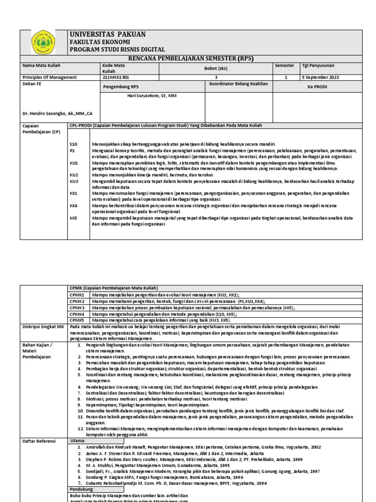 RPS Principles of Management S1 Ekonomi | PDF | Karier & Perkembangan ...