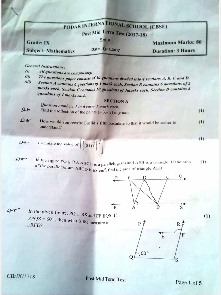 Class 9 Maths Paper Podar School | PDF