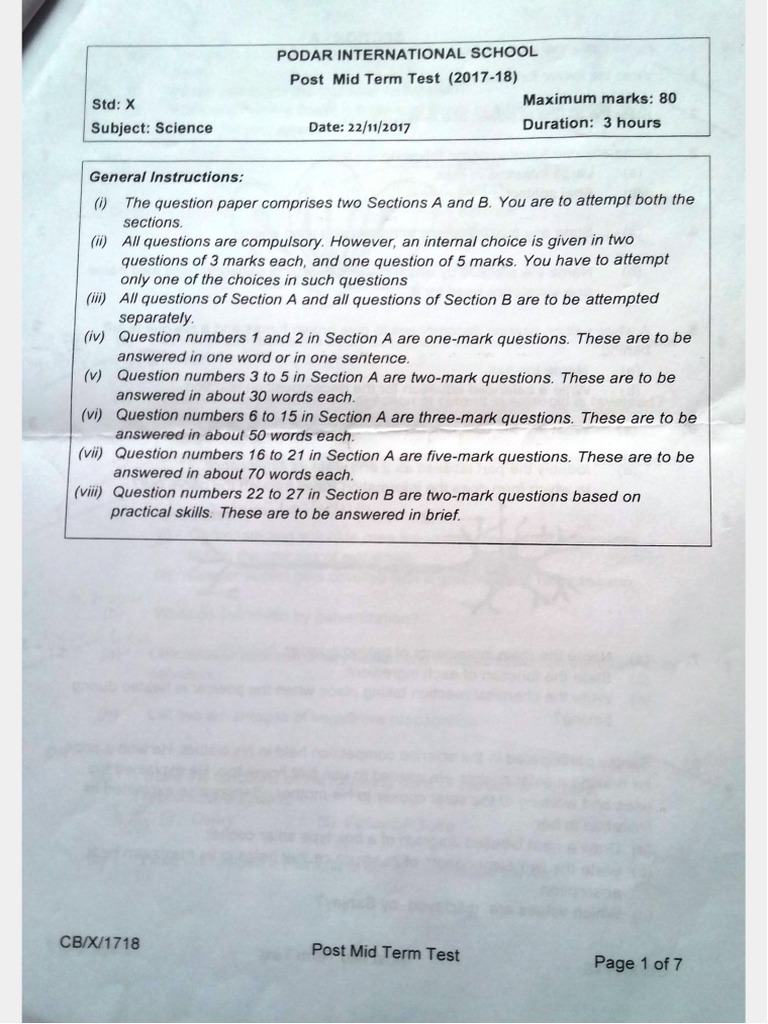 Class 10 Science Paper Podar School | PDF