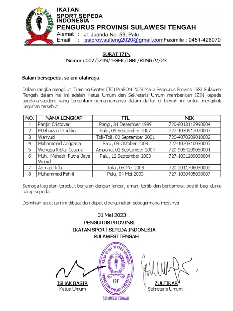 007 - Surat Izin TC Prapon 2023 Issi Sulteng-1 | PDF