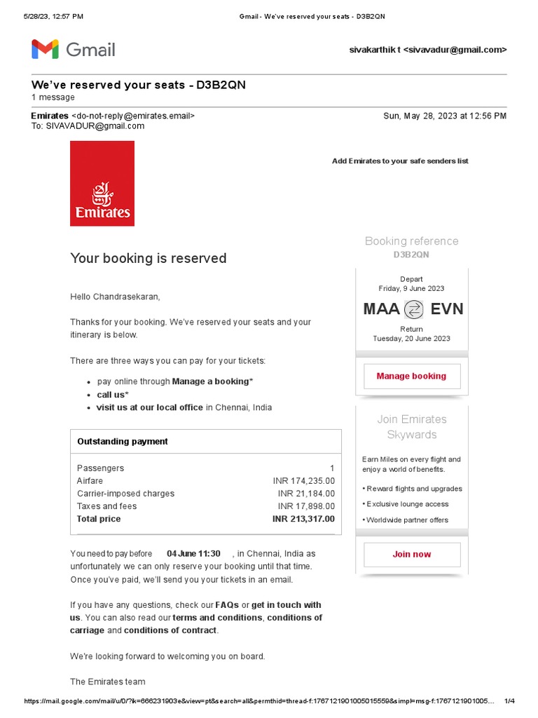 Emirates Flight Booking Confirmation | PDF