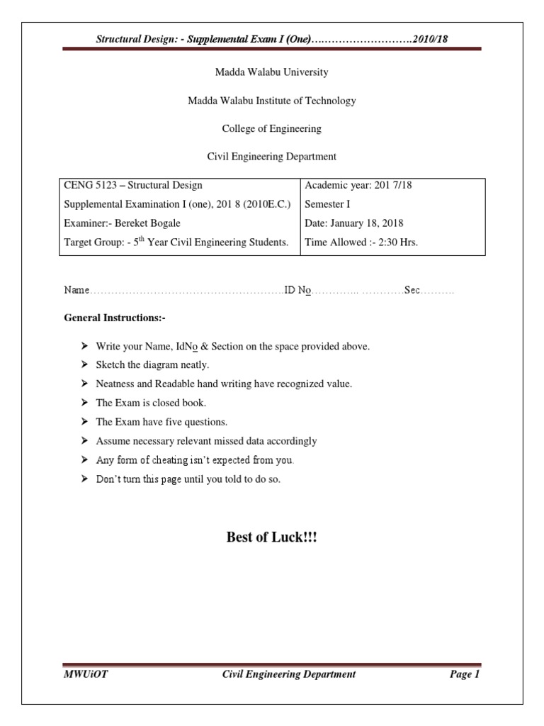 Suplemental Exam | PDF | Civil Engineering | Applied And Interdisciplinary Physics