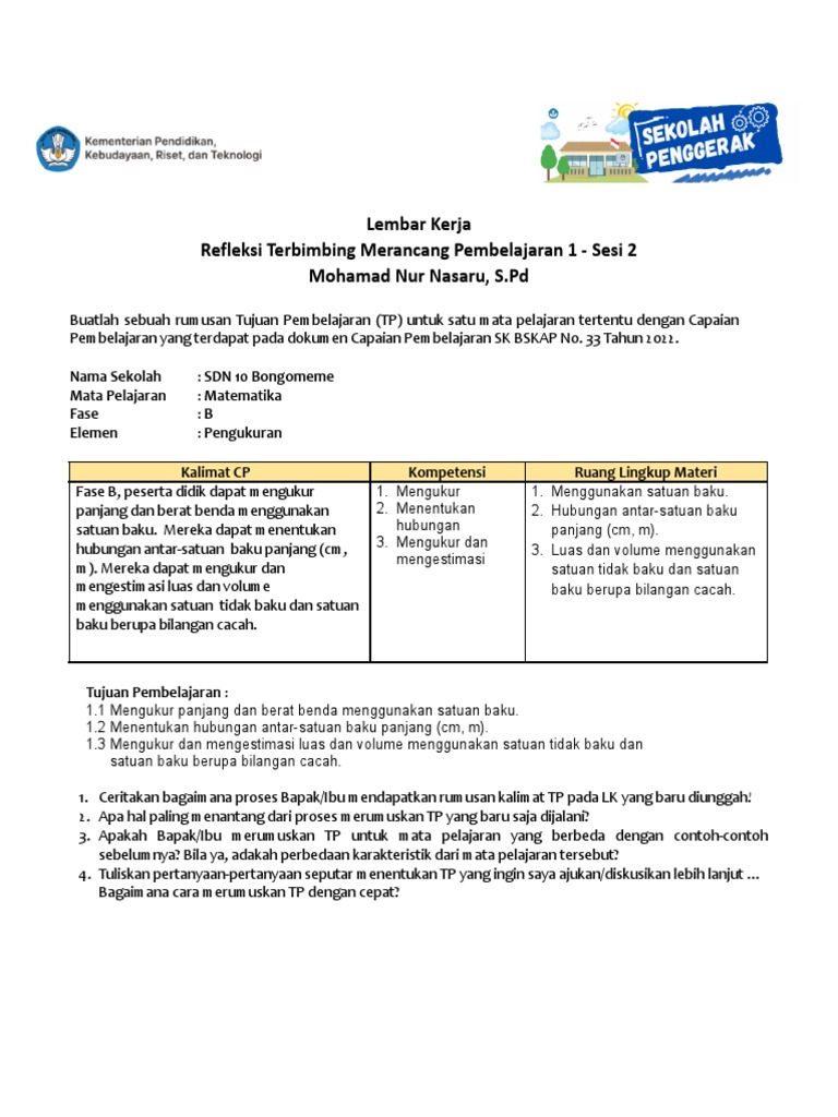 LK Refleksi Terbimbing Merancang Pembelajaran 1 - Sesi 2 - IMohamad Nur Nasaru | PDF