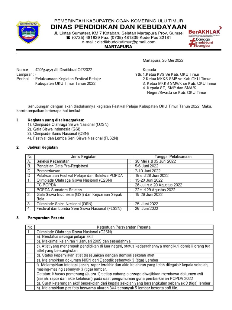Juknis Final Festival Pelajar OKU Timur 2022 | PDF