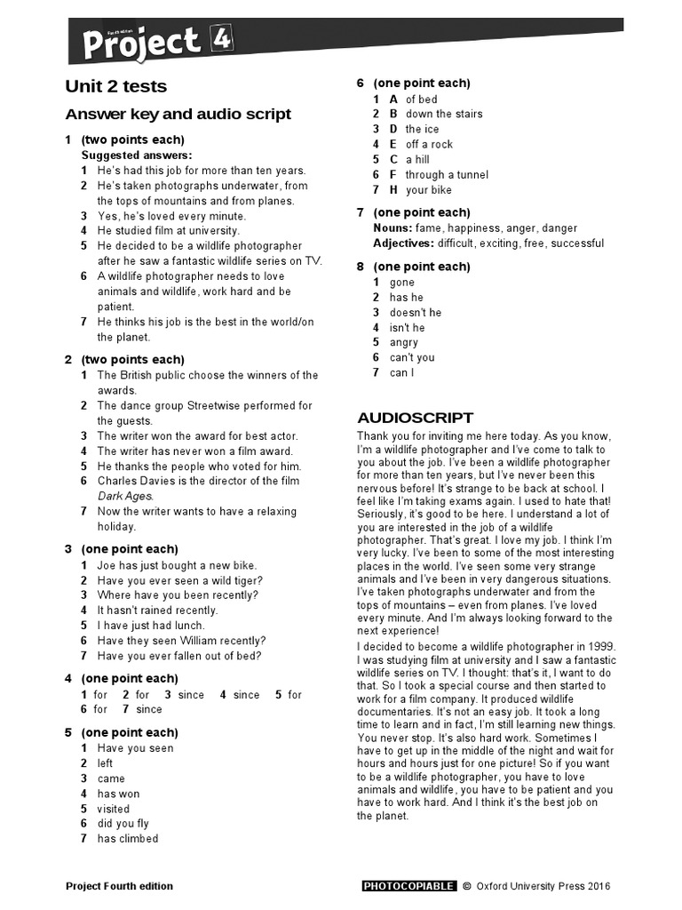 Project - English - 4 - 4th - Ed - Tests - Unit 2 - Megoldas | PDF