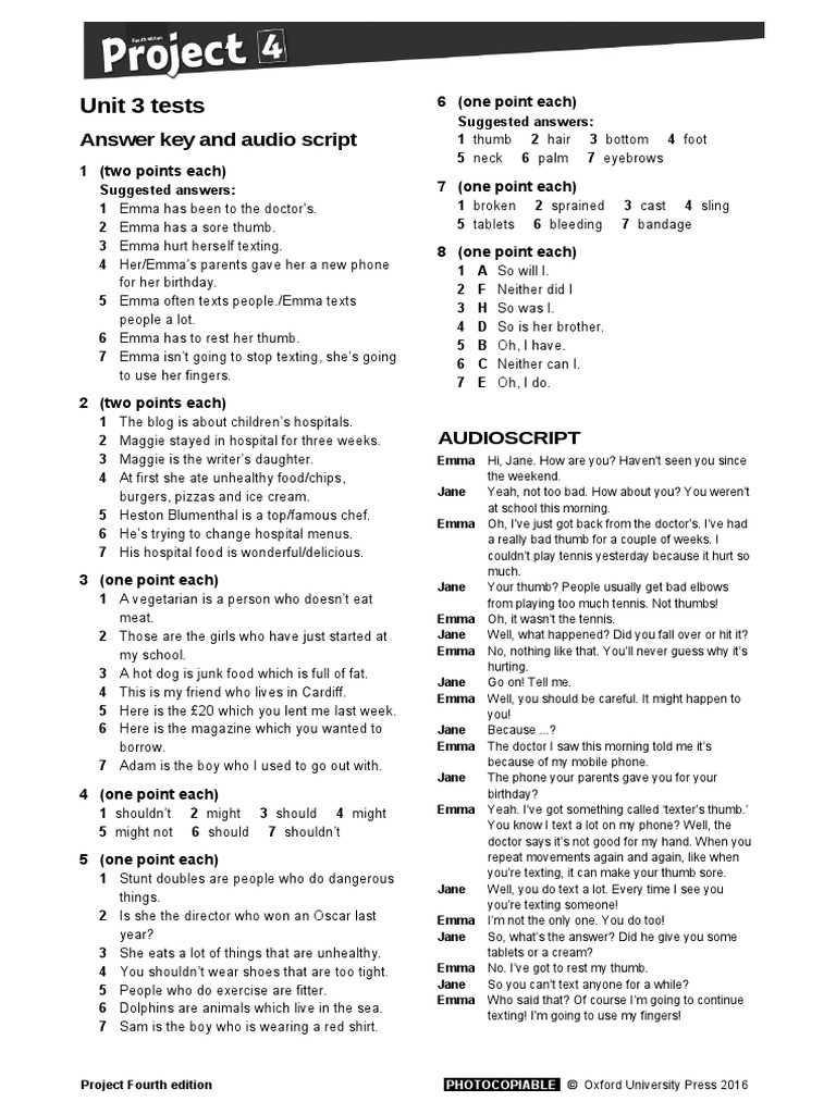 Project - English - 4 - 4th - Ed - Tests - Unit 3 - Megoldas | PDF