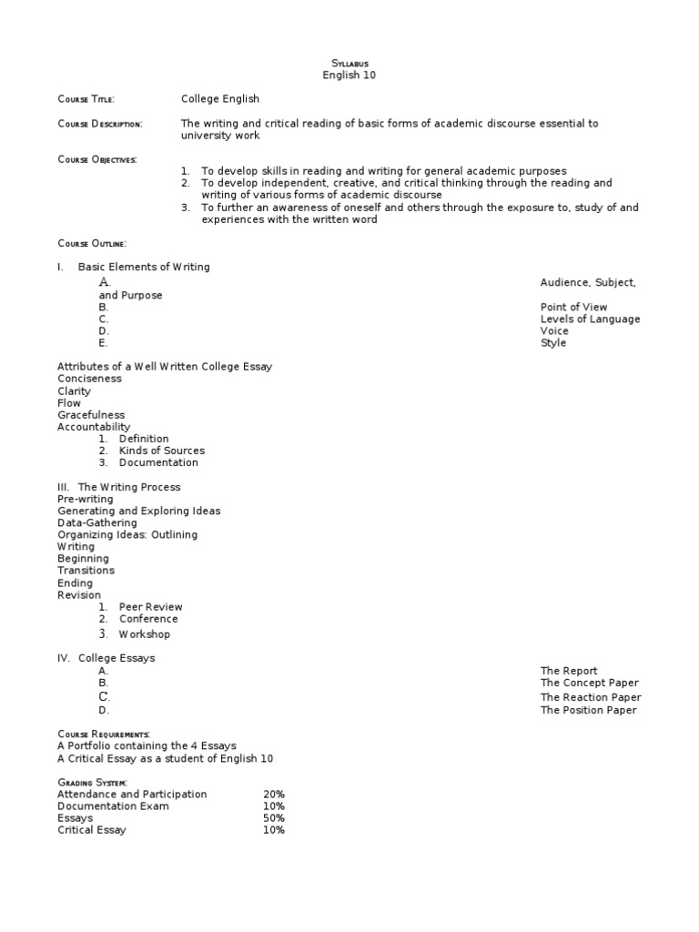 English 10 Syllabus | PDF | Essays | Reading (Process)