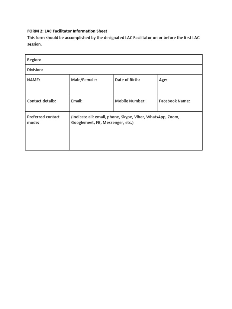 Form 2. LAC Facilitator Information Sheet | PDF