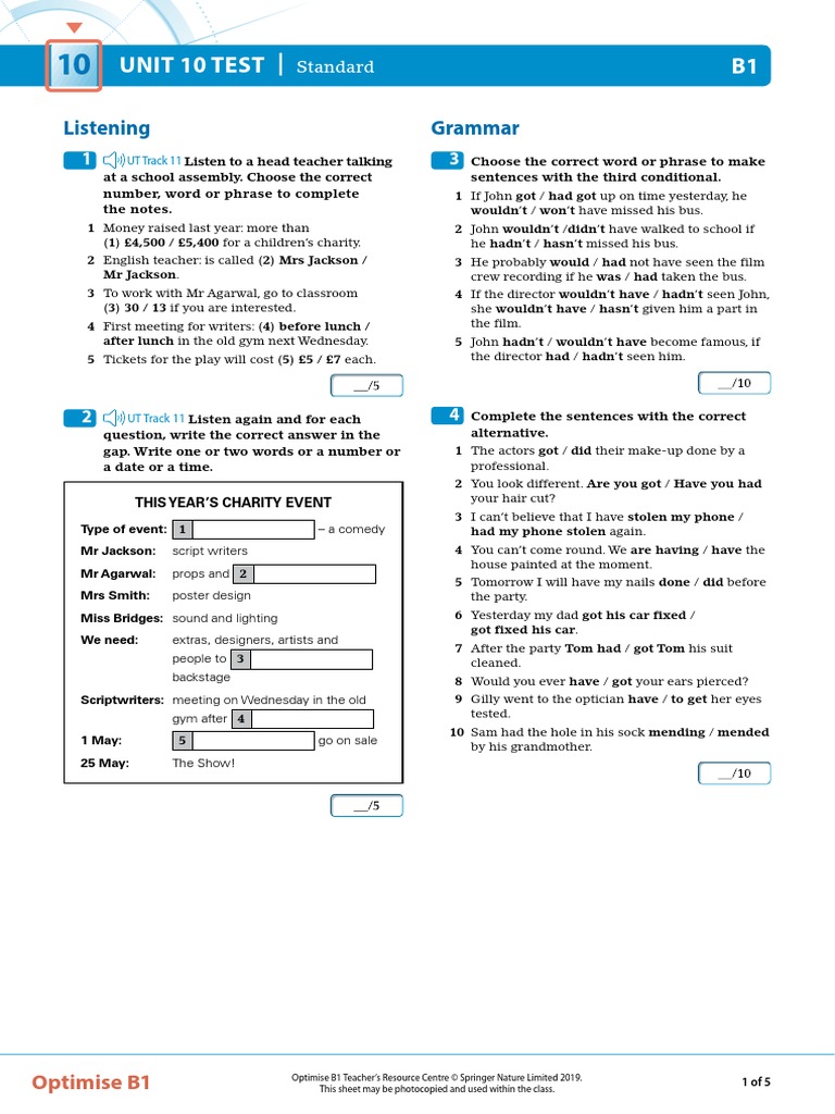 OPT B1 Unit Test 10 Standard | PDF