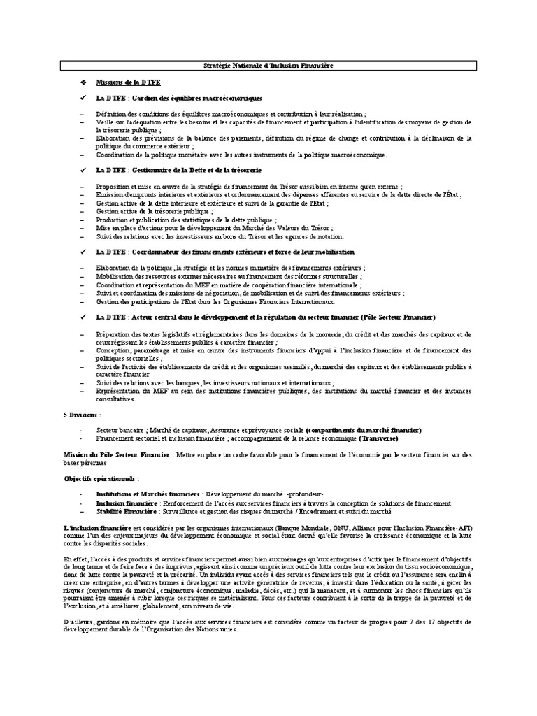 Stratégie Nationale D'inclusion Financière | PDF