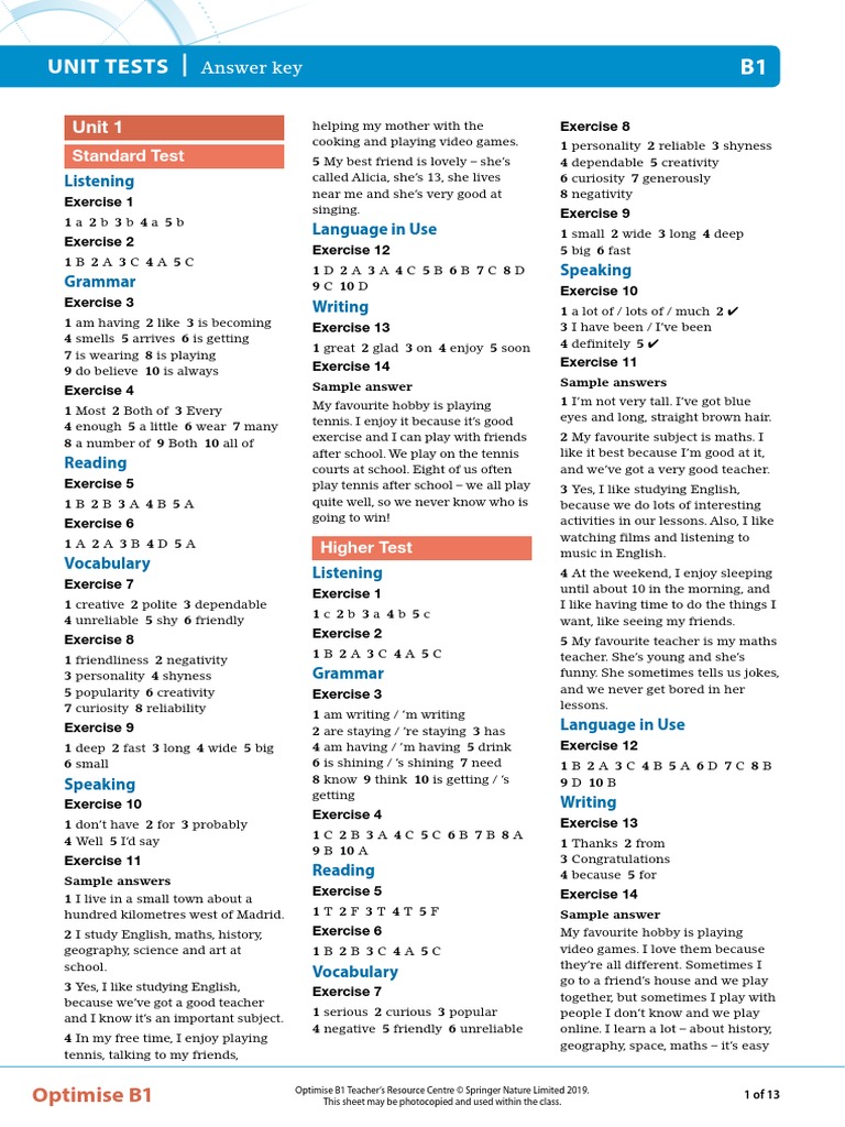 Optimise B1 Unit Tests Answer Key | PDF