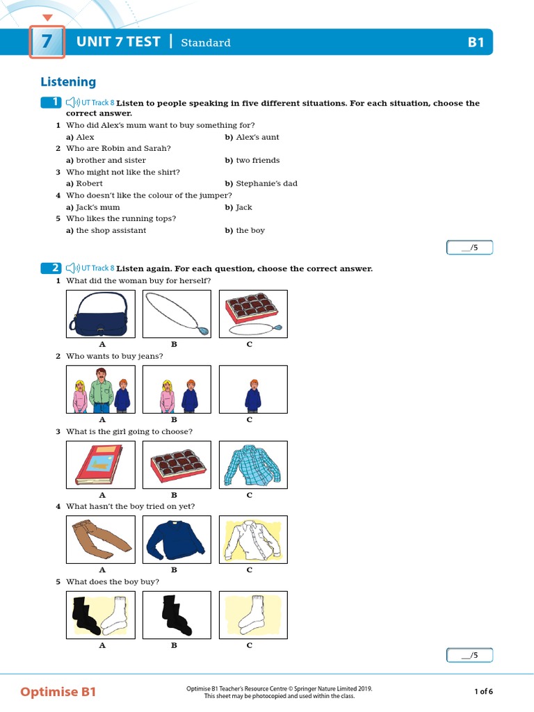 OPT B1 Unit Test 7 Standard | PDF | Clothing