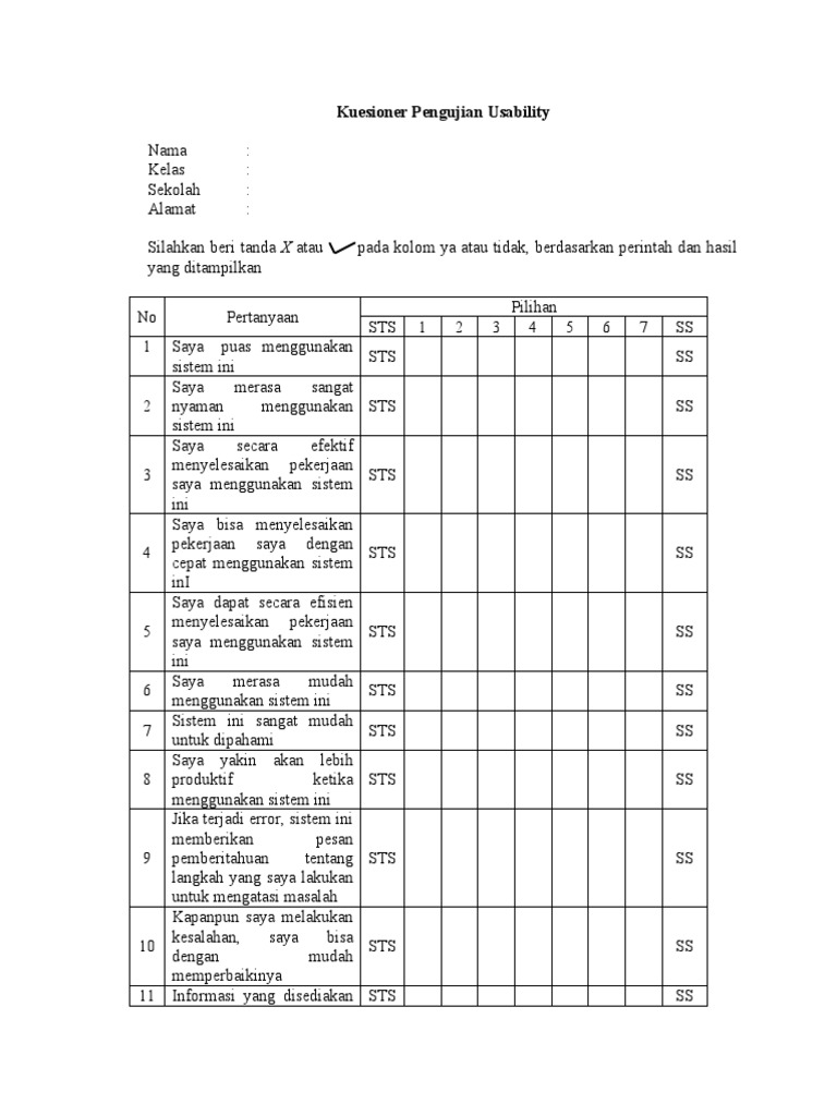 Kuesioner Pengujian Usability | PDF