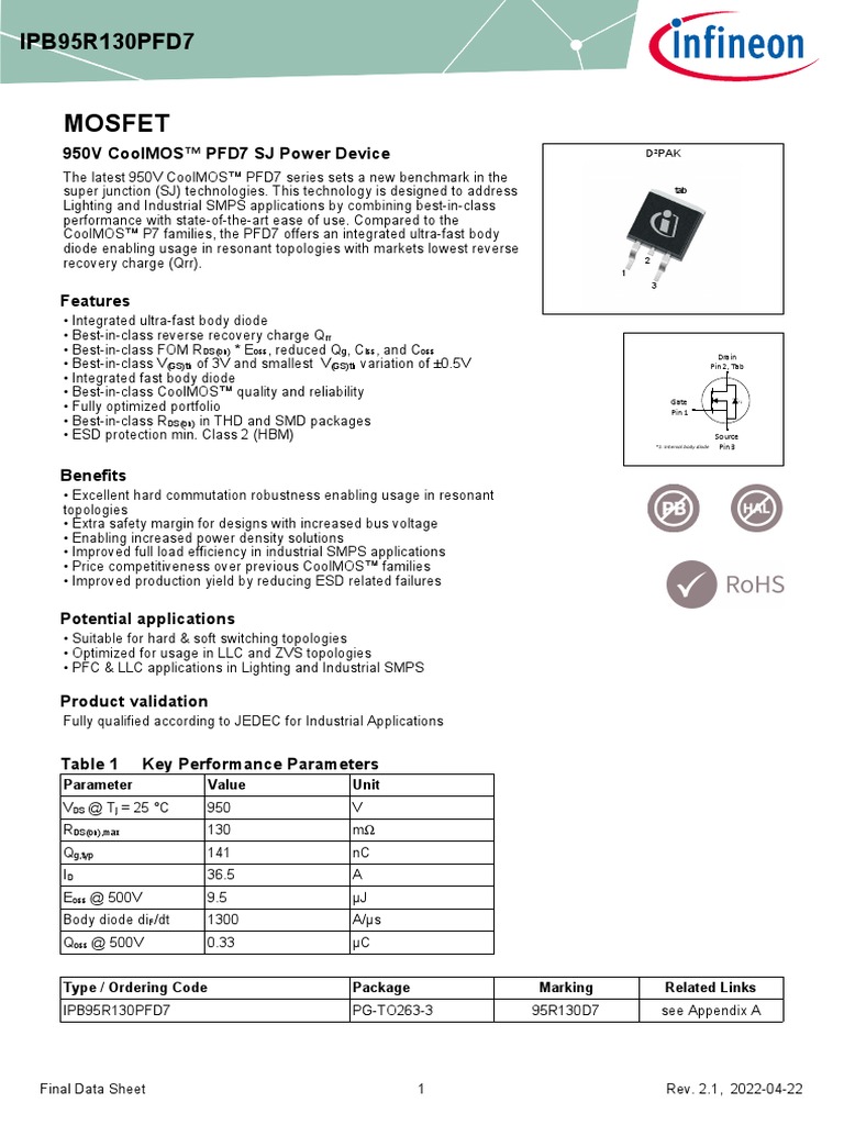 Infineon IPB95R130PFD7 DataSheet v02 - 01 EN | Download Free PDF | Printed Circuit Board | Diode