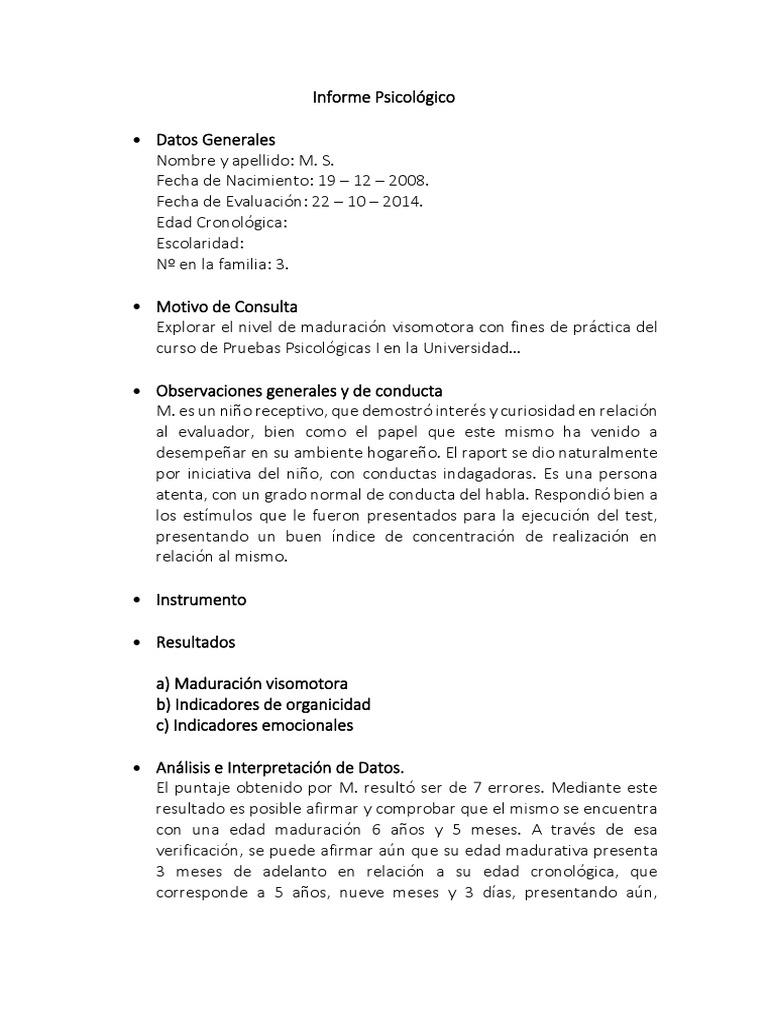 Informe Psicológico Bender - Guía | PDF