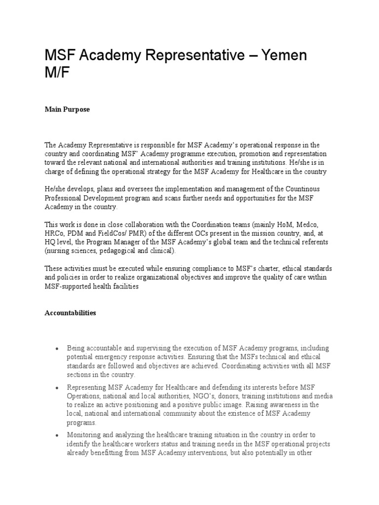 MSF Academy Representative | PDF | Médecins Sans Frontières | Health Care
