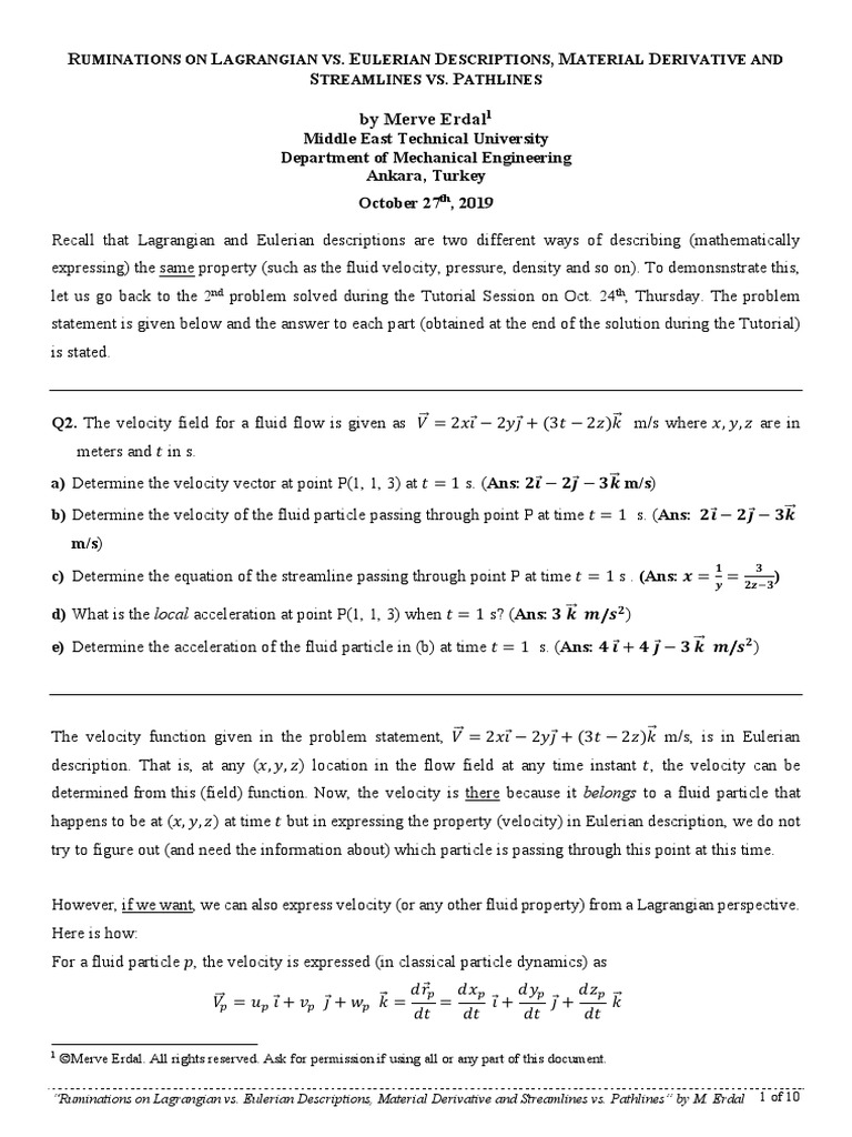 Eulerian Vs Lagrangian Description and More | PDF | Continuum Mechanics | Lagrangian Mechanics