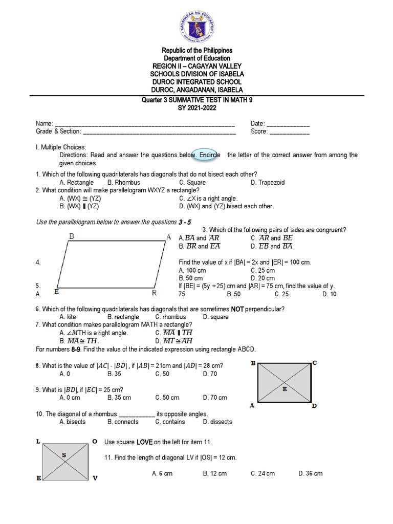 Q3 Summative Test MATH 9 | PDF