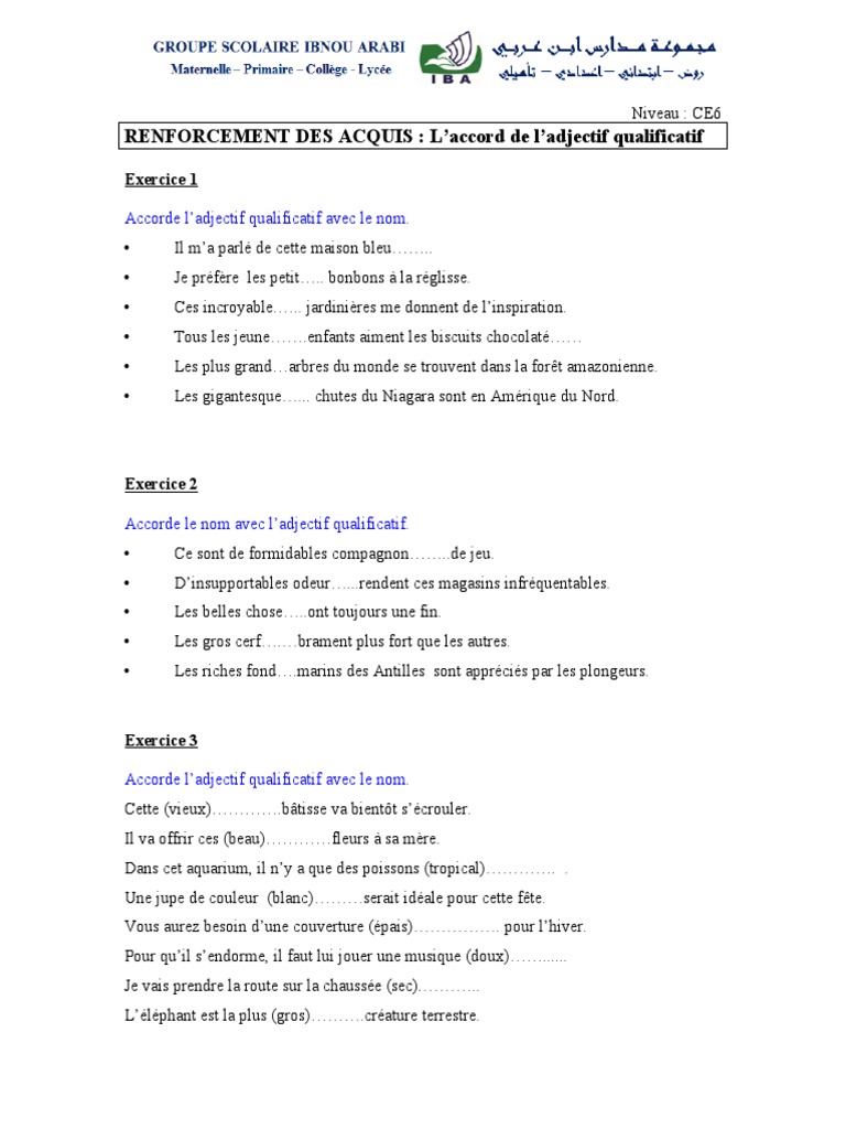 Accord Adjectif Qualificatif Nom Exercices | PDF | Maison et jardin