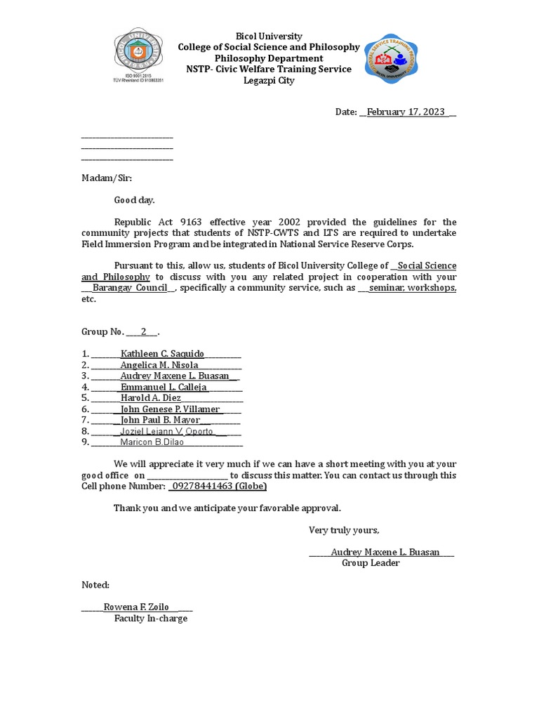 Group 2 ARAL Sample Letter To The Barangay or Partner Agency | PDF