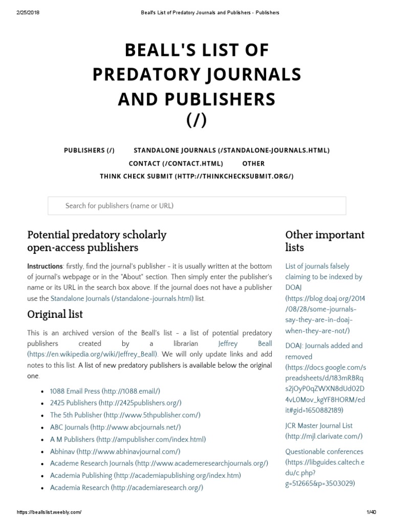 Bealls List of Predatory Publishers | PDF | Academic Journal | Scholarly Communication