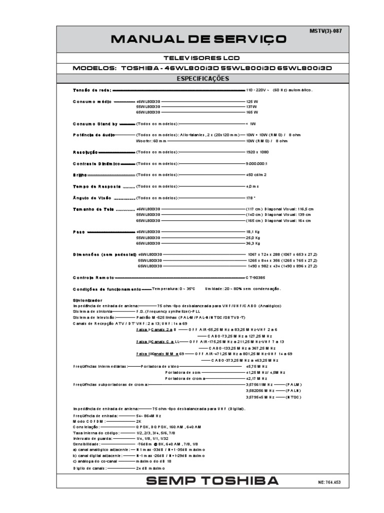 Semp Toshiba 46WL800i3D, 55WL800i3D, 65WL800i3D | PDF | Pen-drive | Eletrônicos
