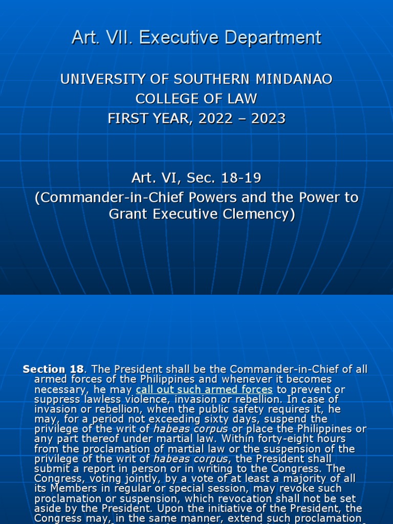 Art. VII. Military Powers Executive Clemency | PDF | Pardon | Habeas Corpus